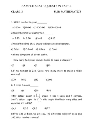 CLASS III MATHS SLATE PAPER | DOCX