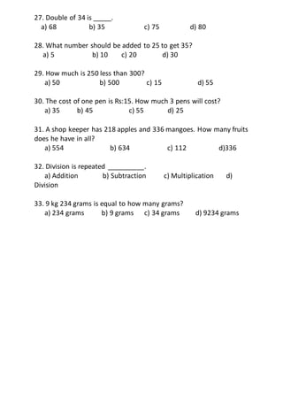 Class iii maths SLATE PAPER | DOCX