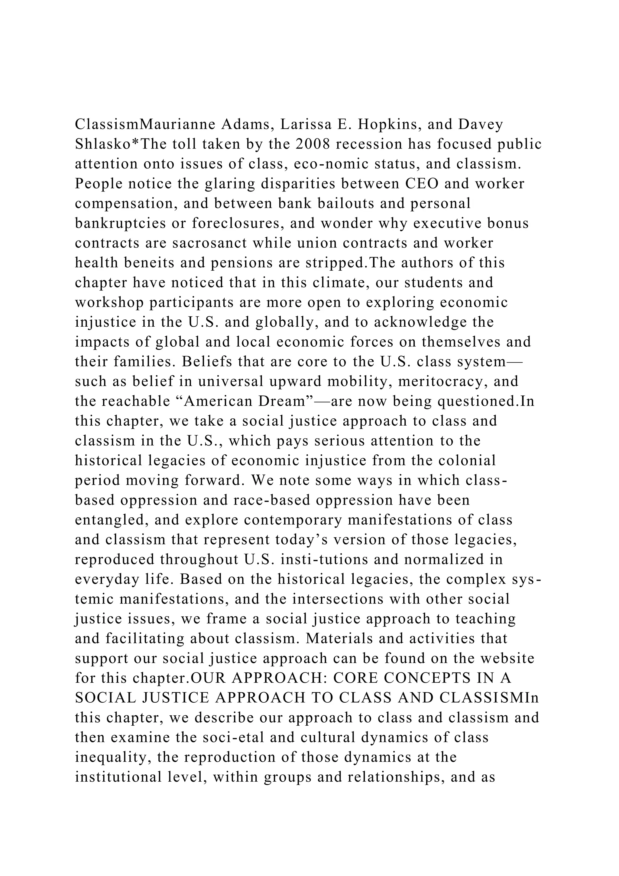 ClassismMaurianne Adams, Larissa E. Hopkins, and Davey ShlaskoThe.docx