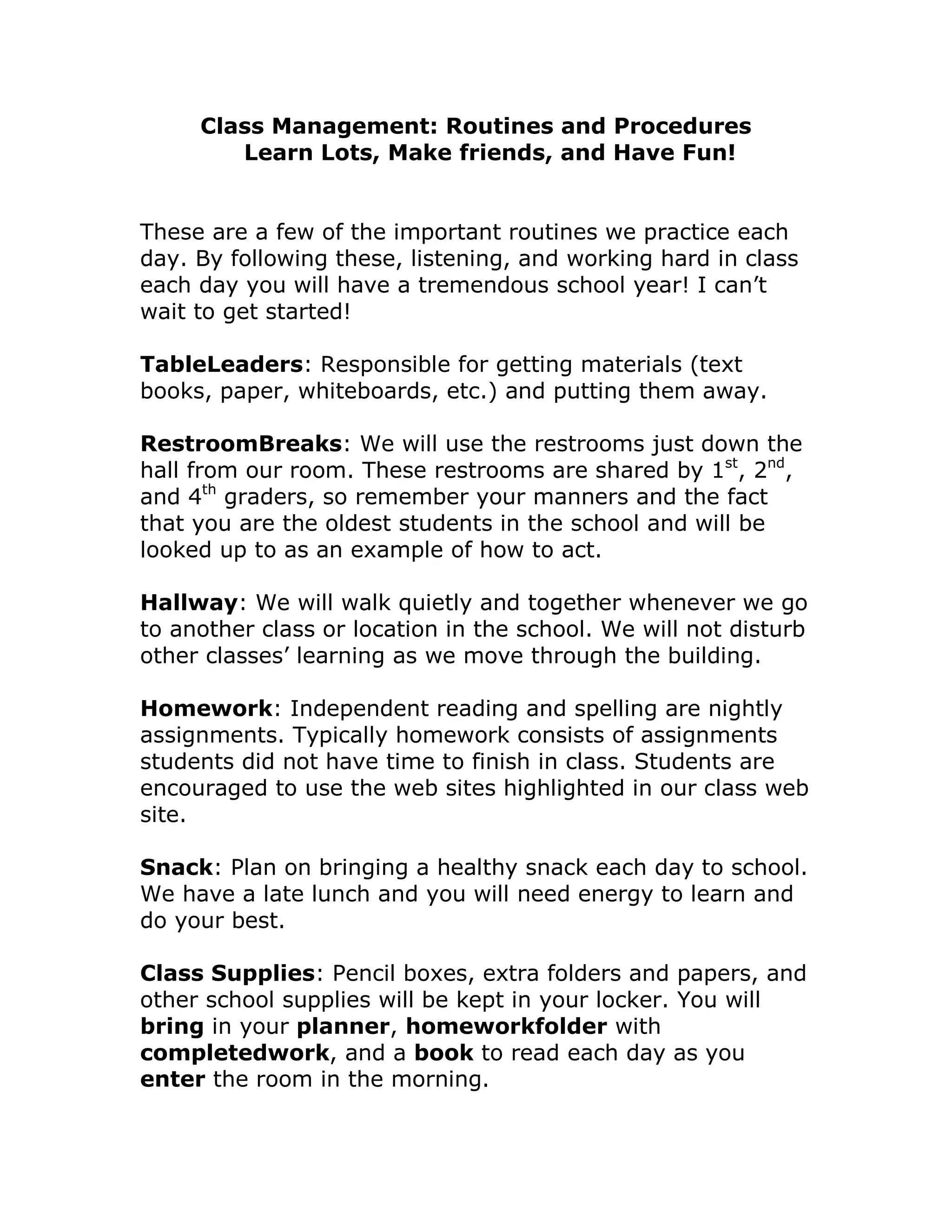 Class Routines and Procedures | DOCX