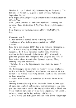 Classmate post 11. How memories formed at the following levels | PDF