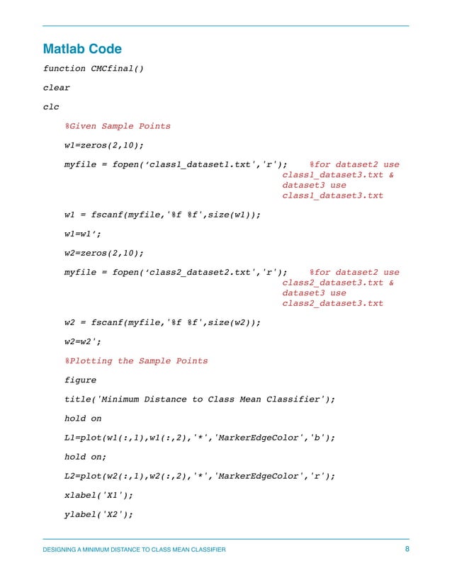 Pattern Recognition - Designing a minimum distance class mean ...