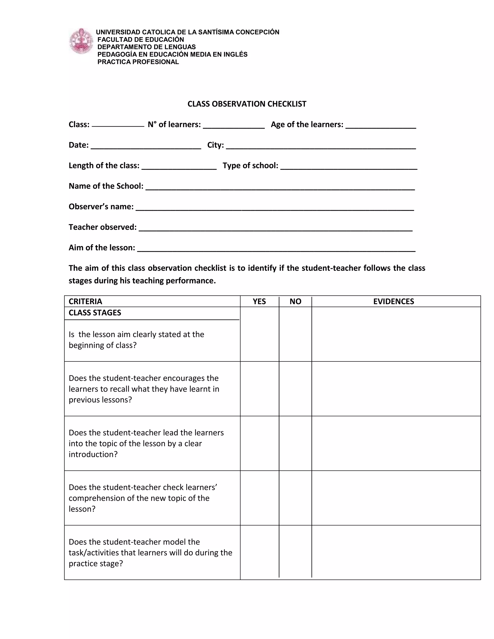 Class observation checklist (Class stages) | DOCX