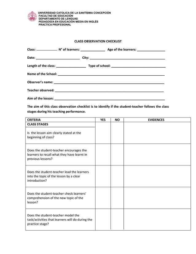 Class observation checklist (Class stages) | DOCX