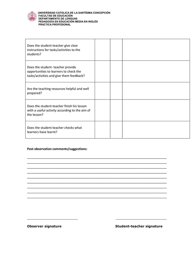 Class observation checklist (Class stages)