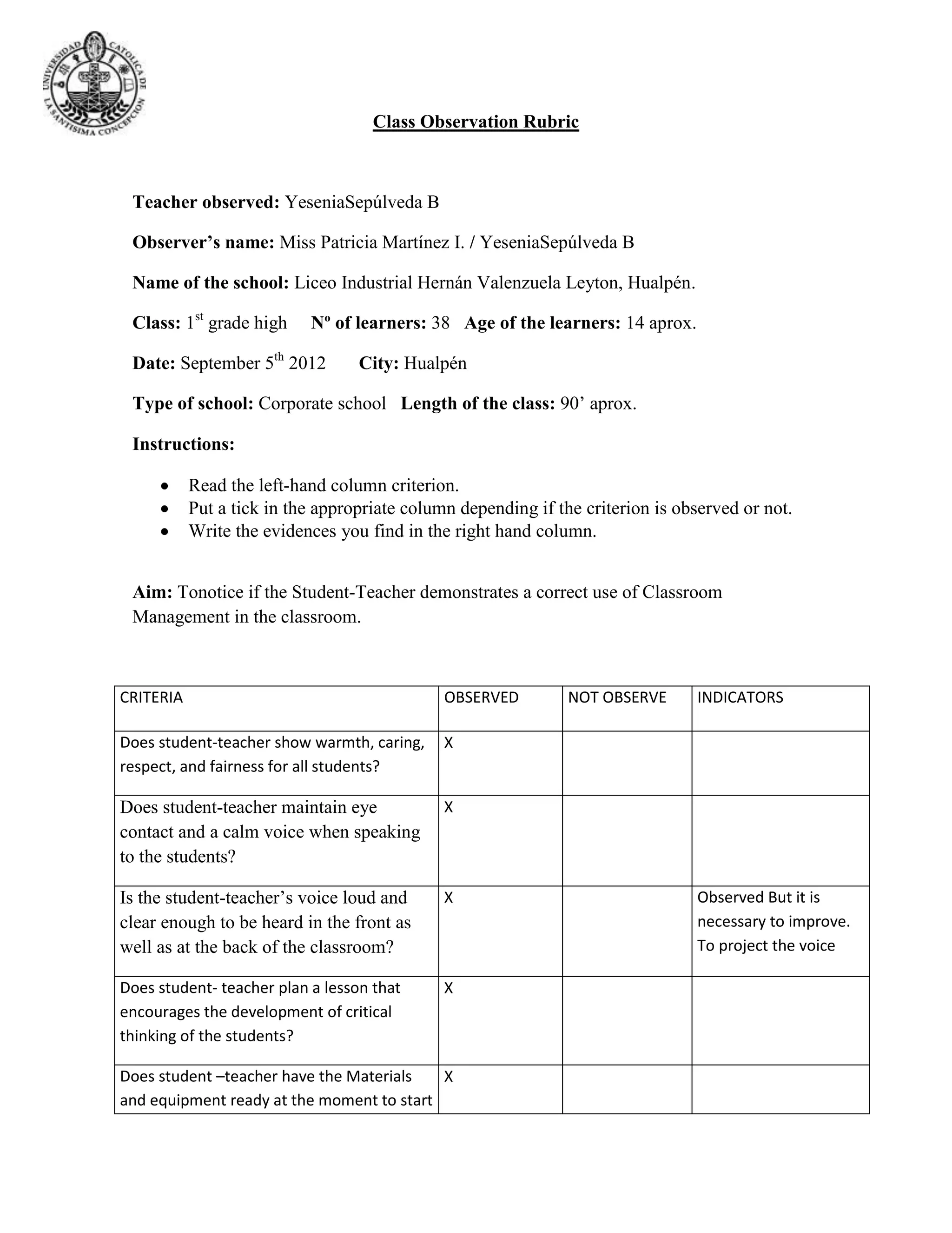 Class observation rubric | DOCX | Educational Assessment | Education
