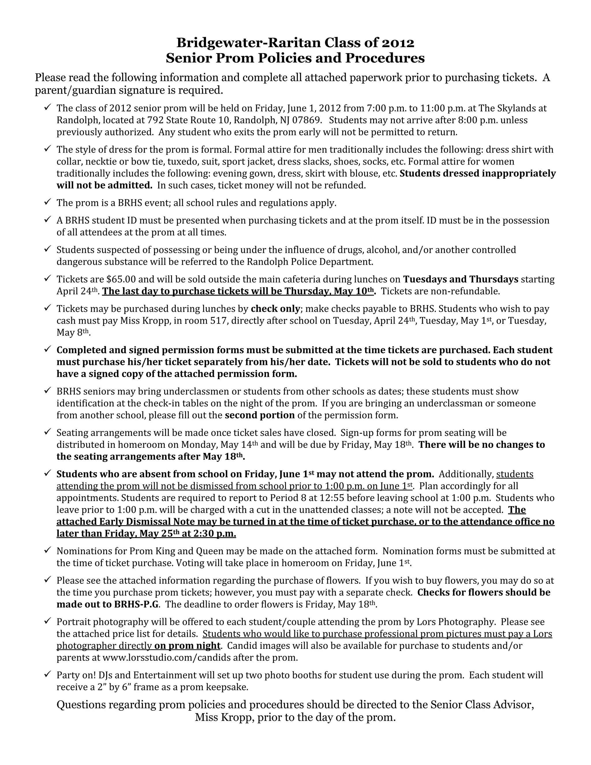 Class of 2012 Prom Information | PDF