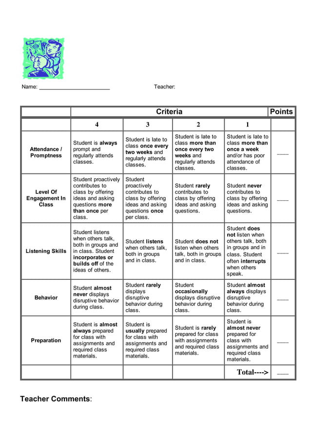 Class participation rubric for | PDF | Educational Assessment | Education