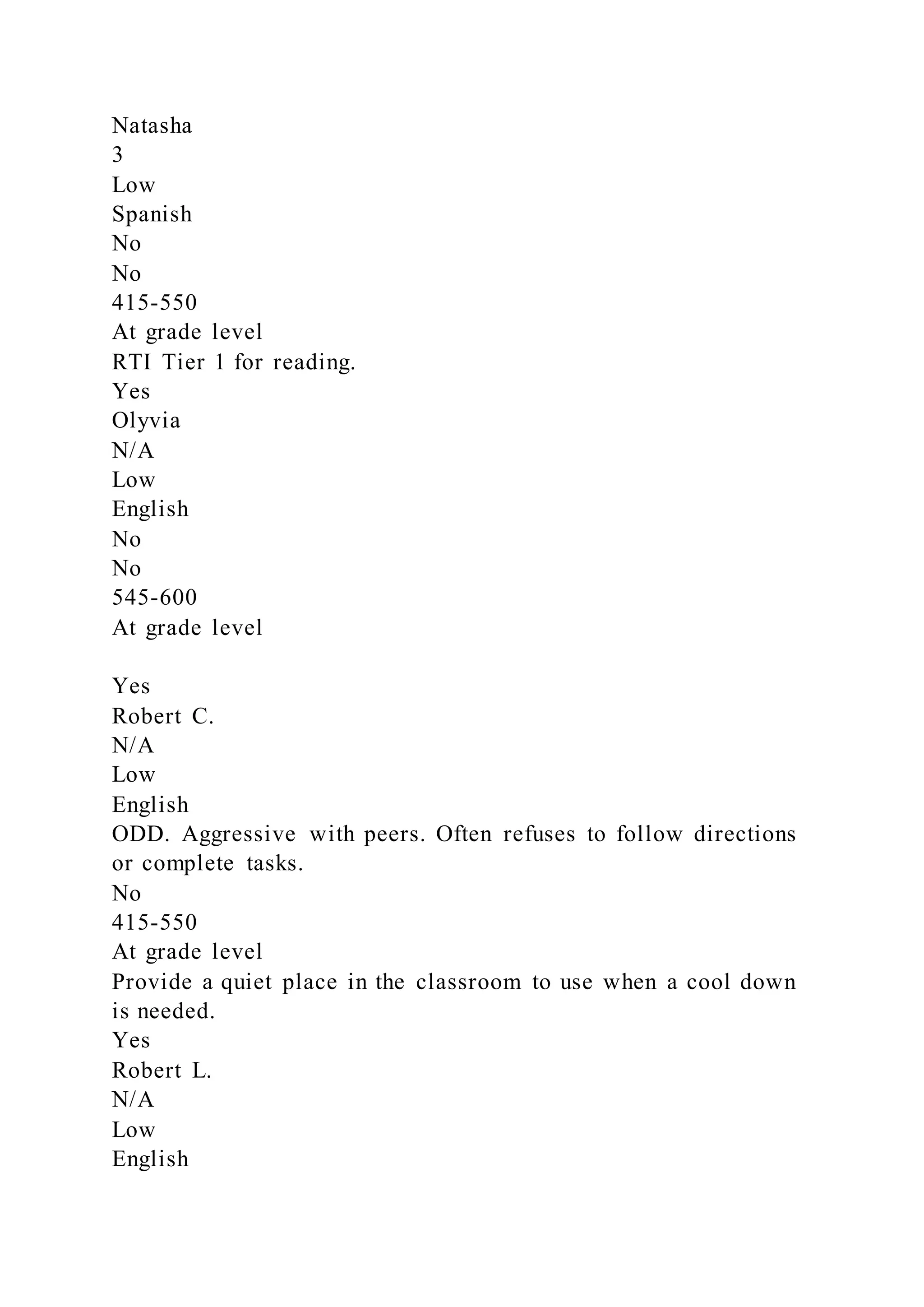 Class Profile – 3rd GradeStudent NameEnglish Language Lear | DOCX