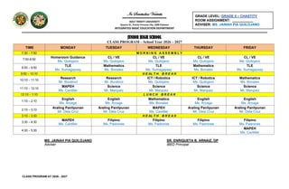 Holy Trinity University Junior High School Class Program AY 2026-2027 | PDF