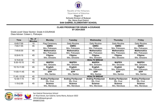 Class Programming of Grade 4 teachers SY 2024-2025.docx | Educational ...
