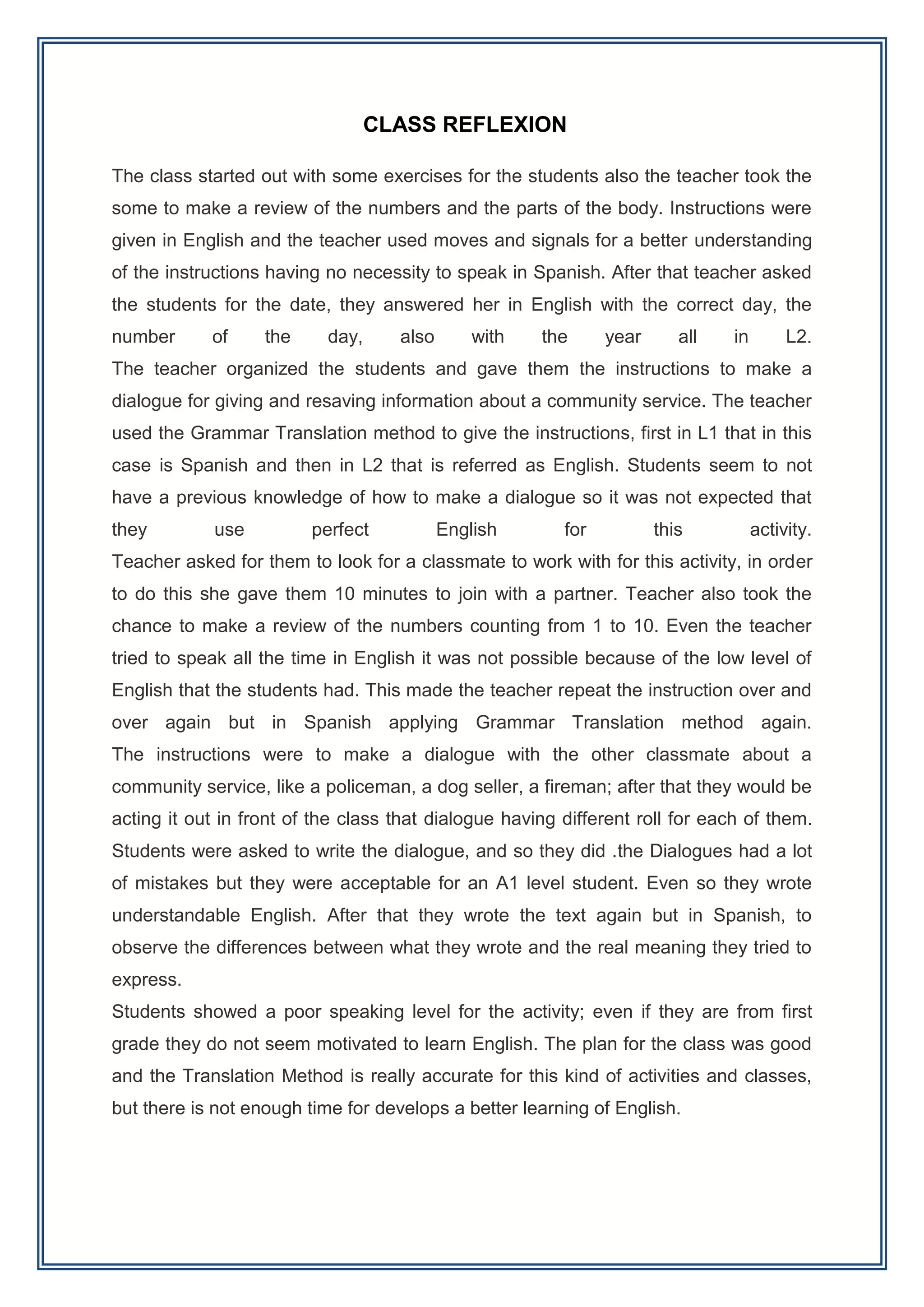 Class reflexion | DOCX | Education