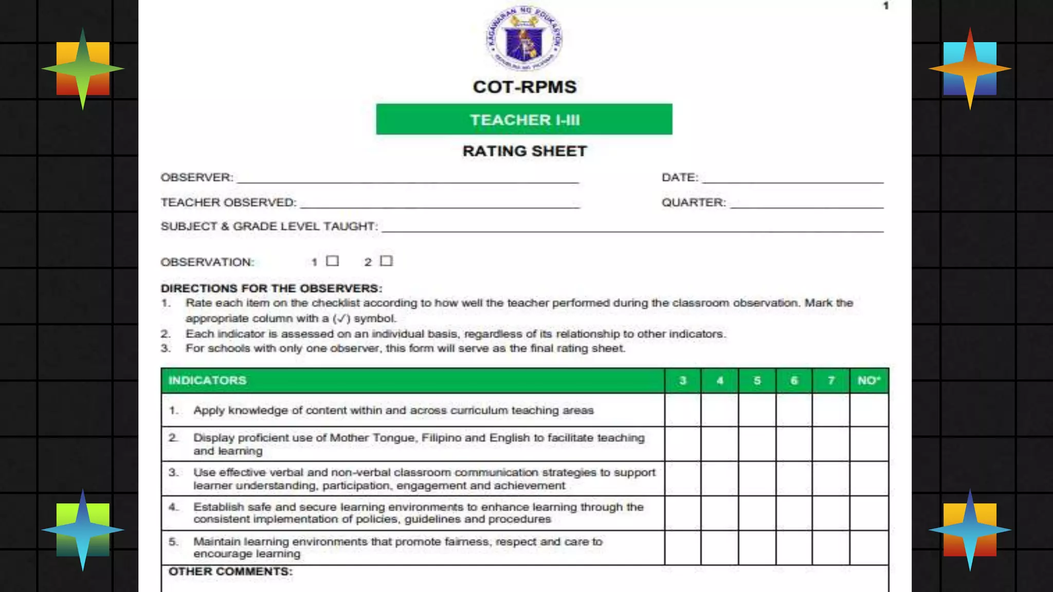 Classroom Observation Tool Rpms For Proficient Teachersteacher I Iii S