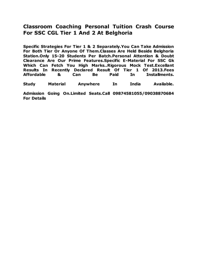 Classroom coaching personal tuition crash course for ssc cgl tier 1 and 2 at belghoria | PDF