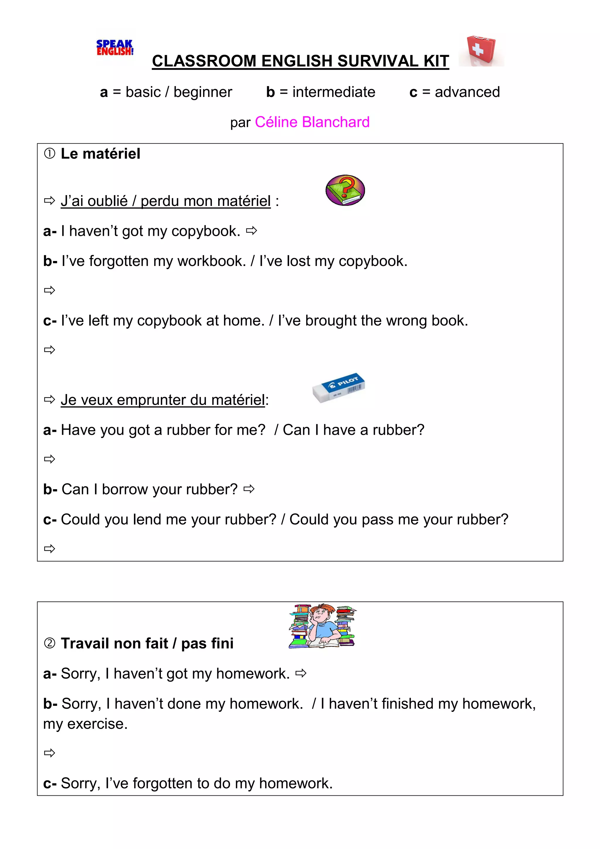 Classroom english survival kit fiche modifie | PDF