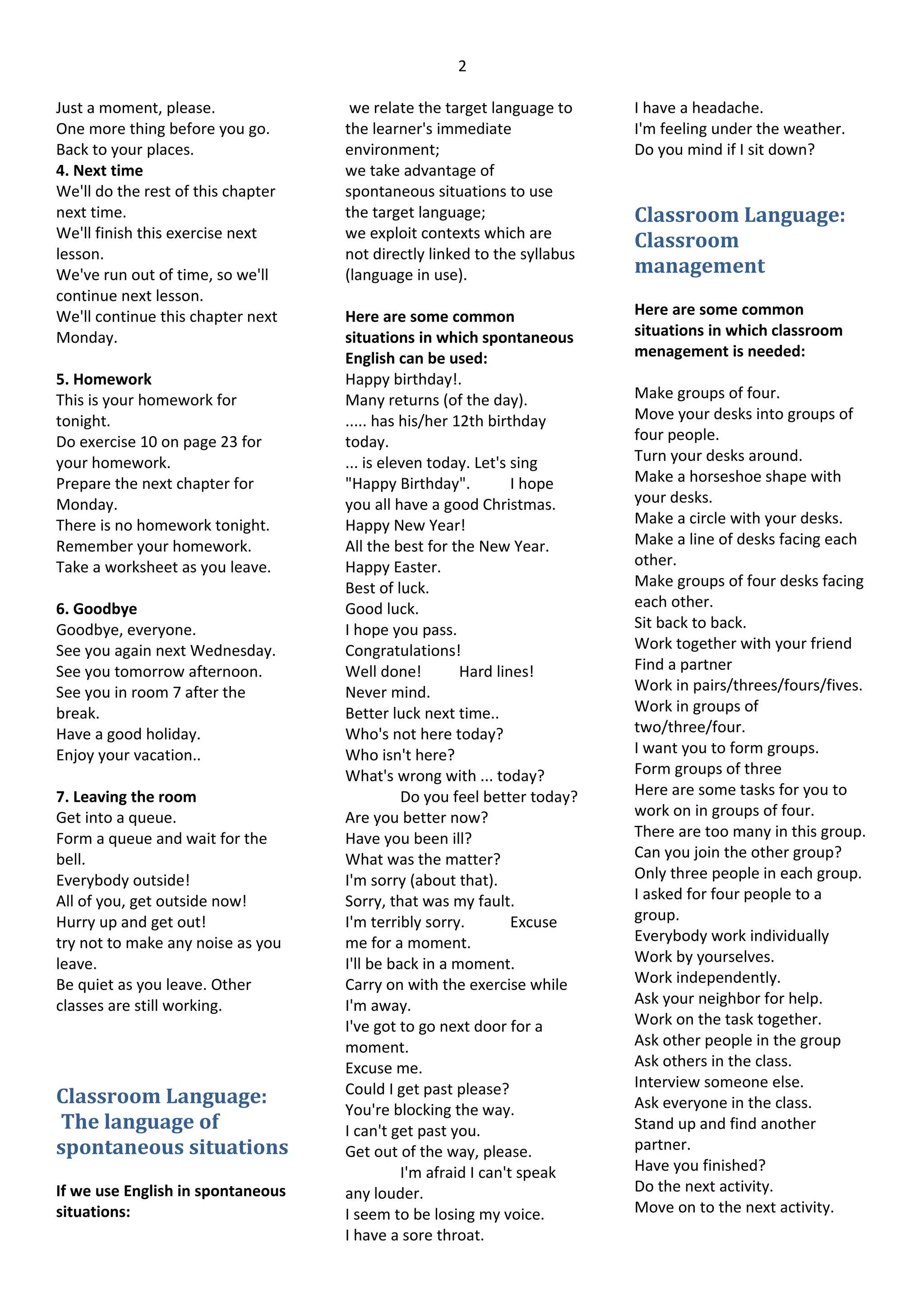 Classroom language | PDF