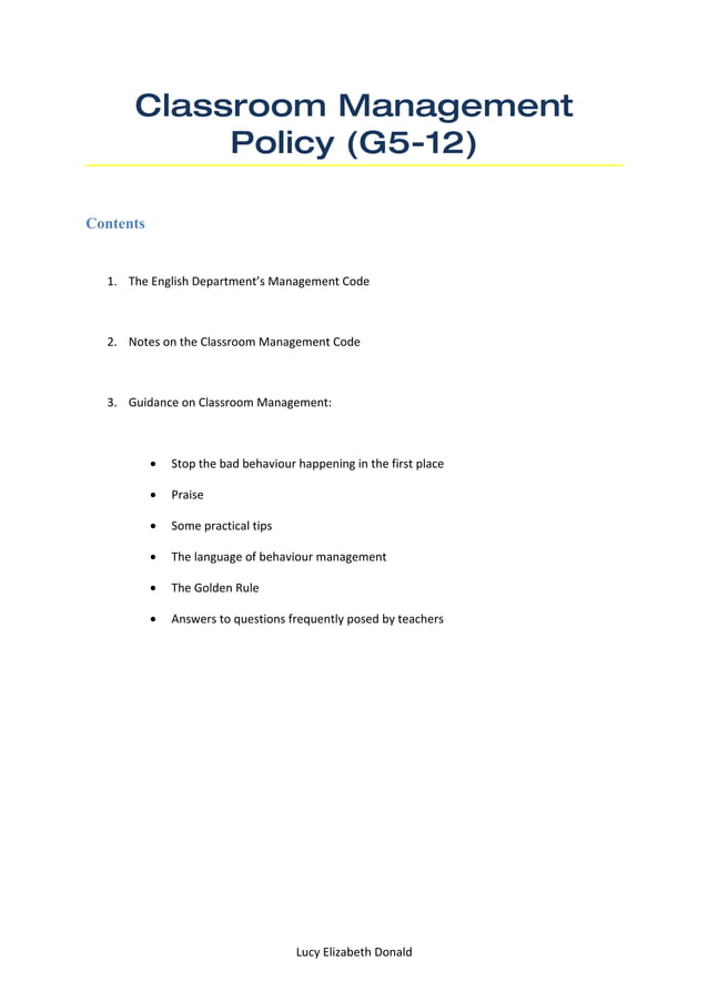 Classroom Management Policy | DOC | Secondary Education | Education