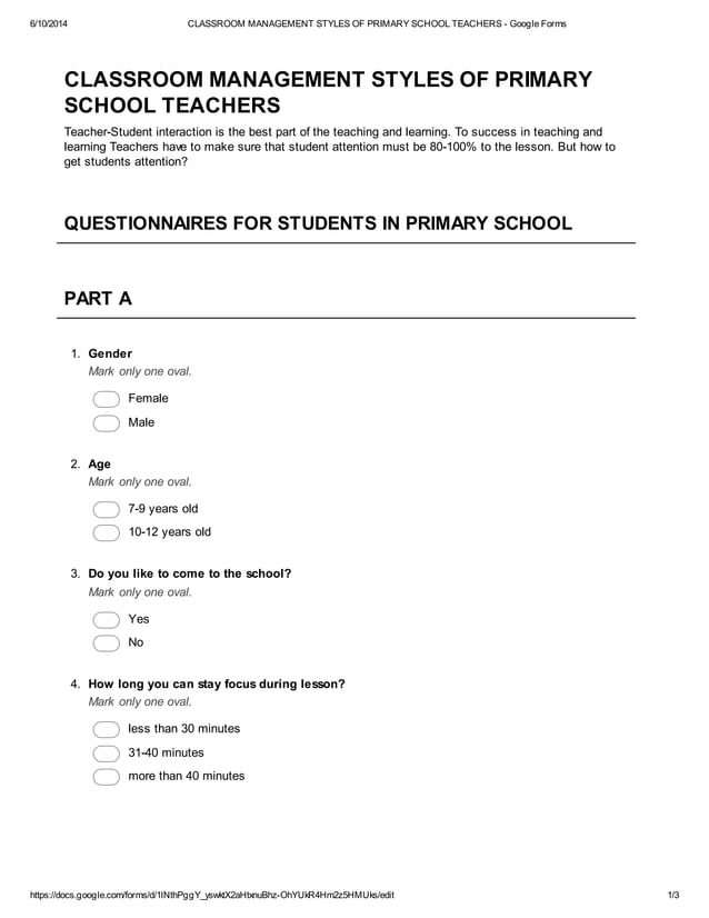 Classroom management styles of primary school teachers google forms | PDF
