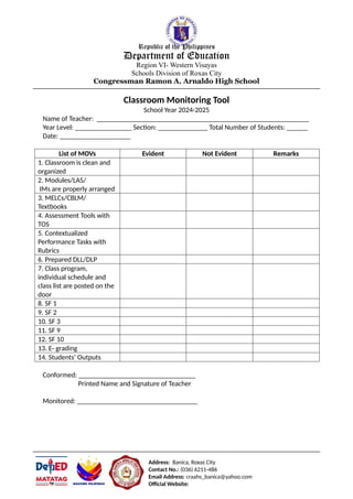 School based- Classroom Monitoring Tool for ProficientTeachers | DOCX