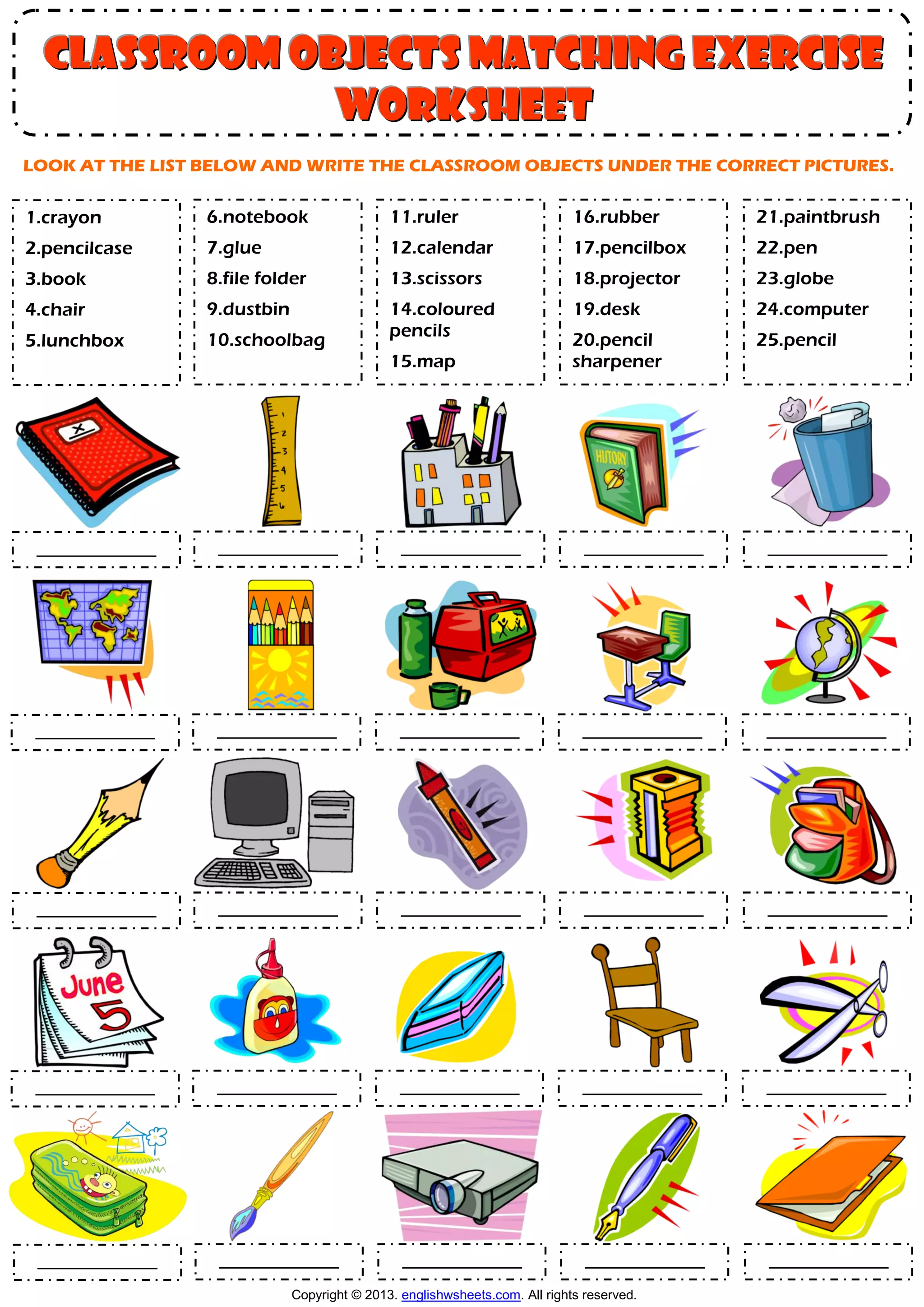 Classroom objects supplies vocabulary matching exercise worksheet | PDF ...