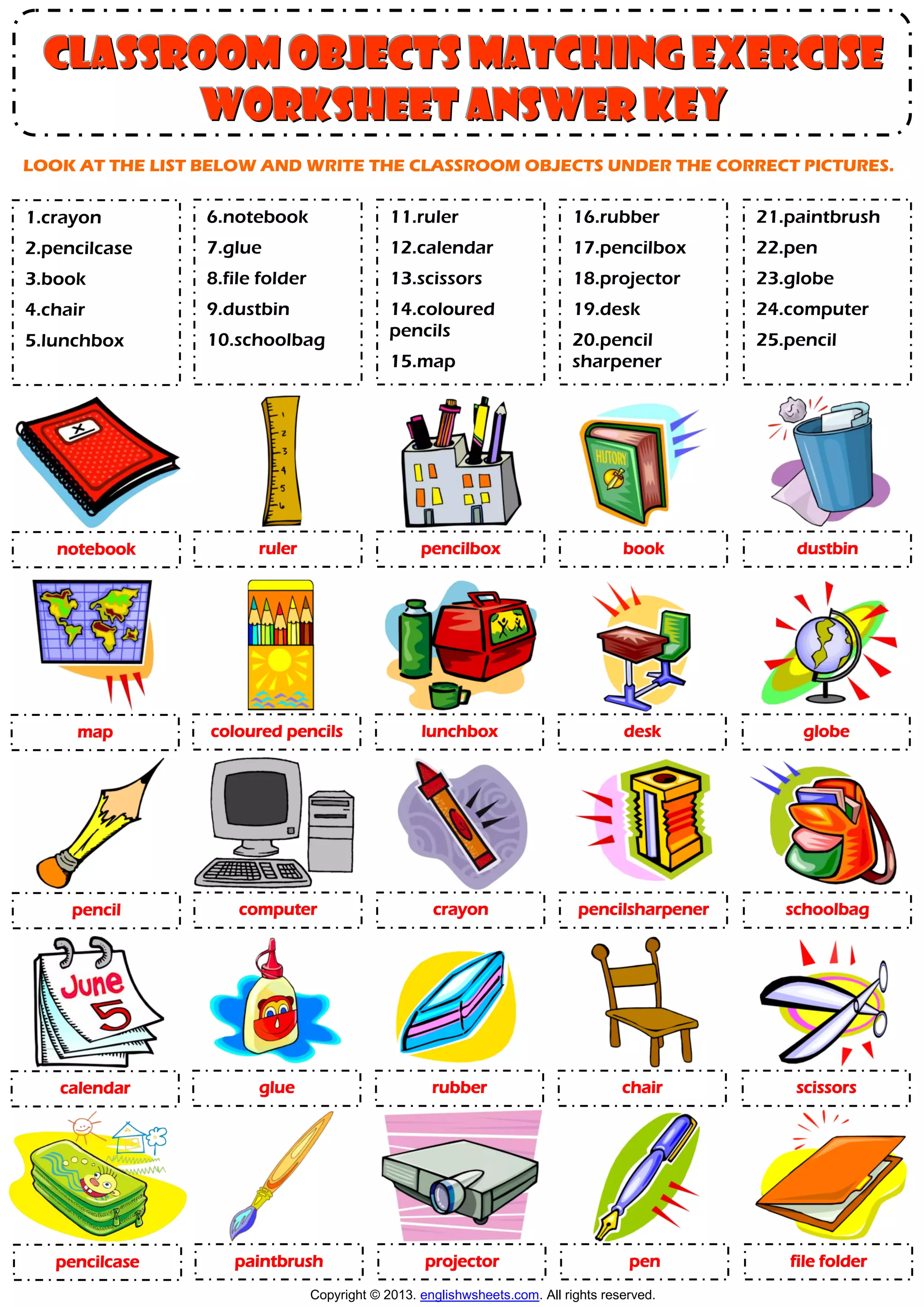 Classroom objects supplies vocabulary matching exercise worksheet | PDF ...