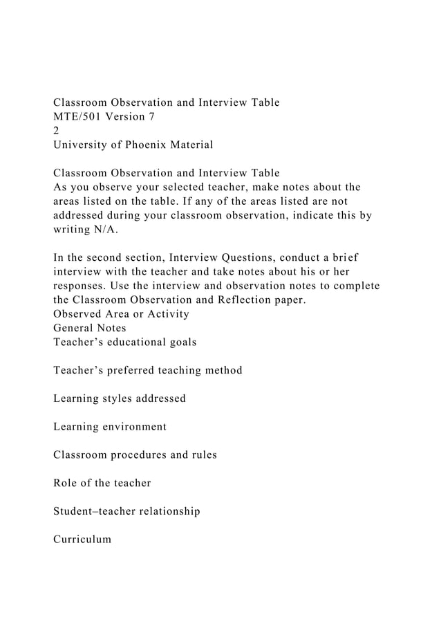 Classroom Observation and Interview TableMTE501 Version 72.docx