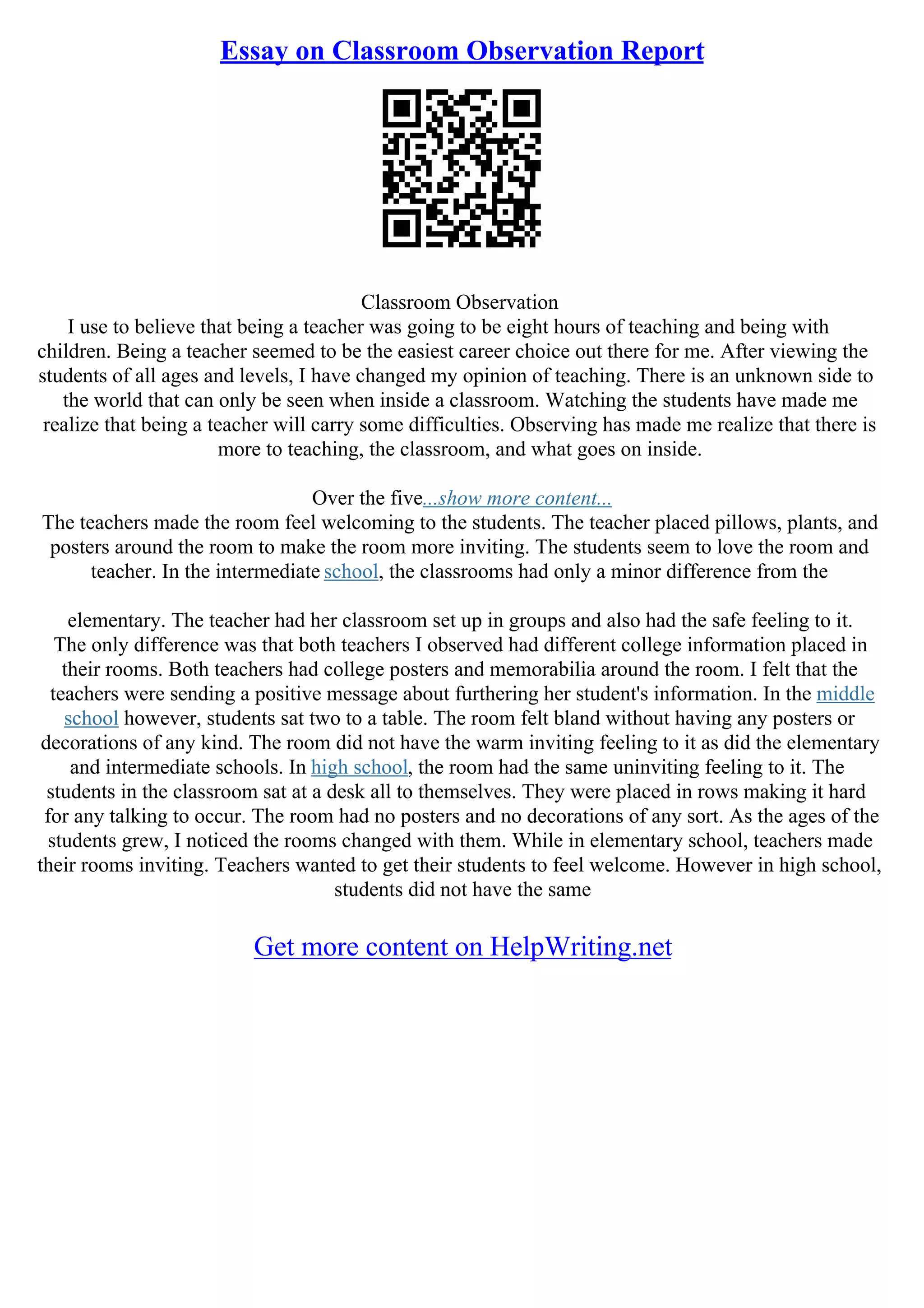 Classroom Observation Essay | PDF