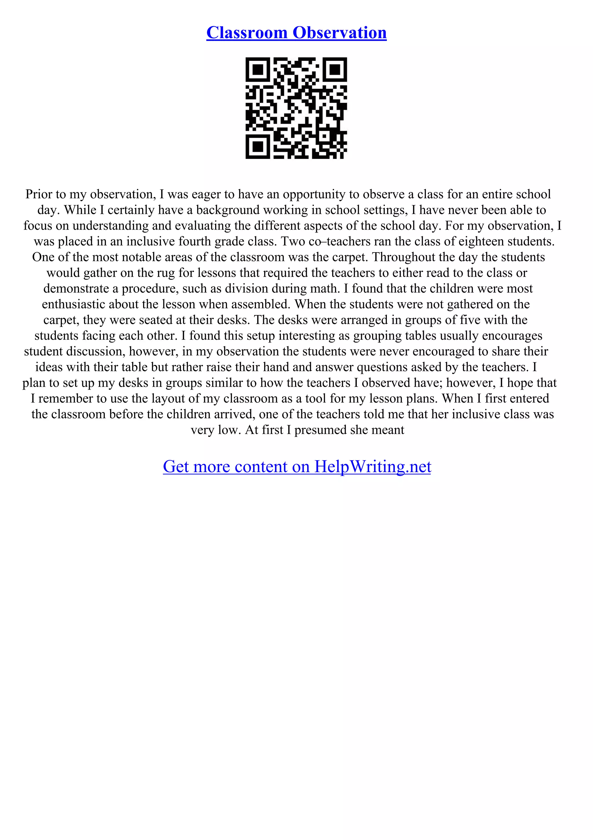 Classroom Observation Essay | PDF