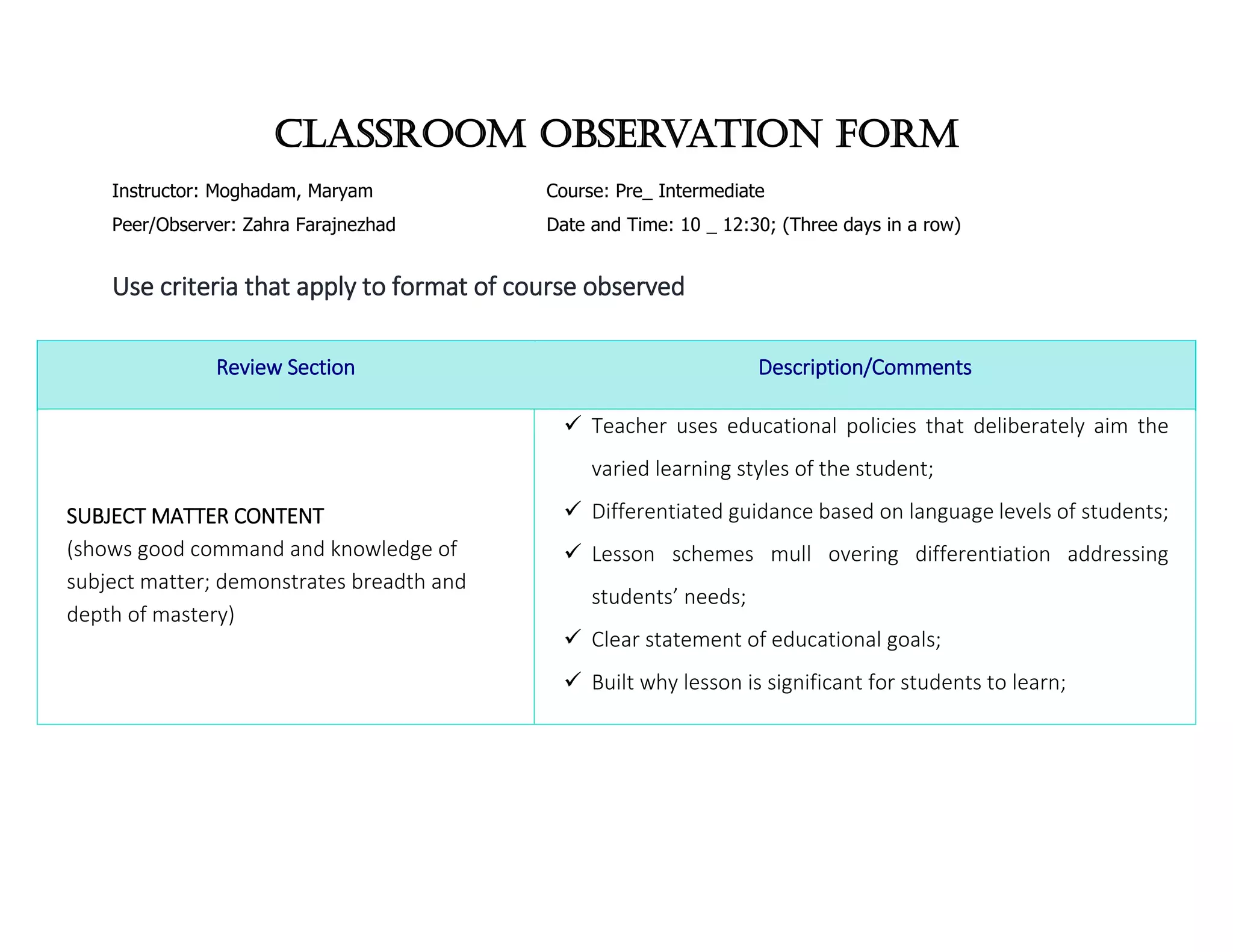 Classroom observation_Teaching Skills | PDF