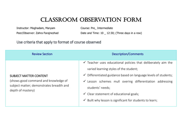 Classroom observation_Teaching Skills | PDF | Educational Assessment ...