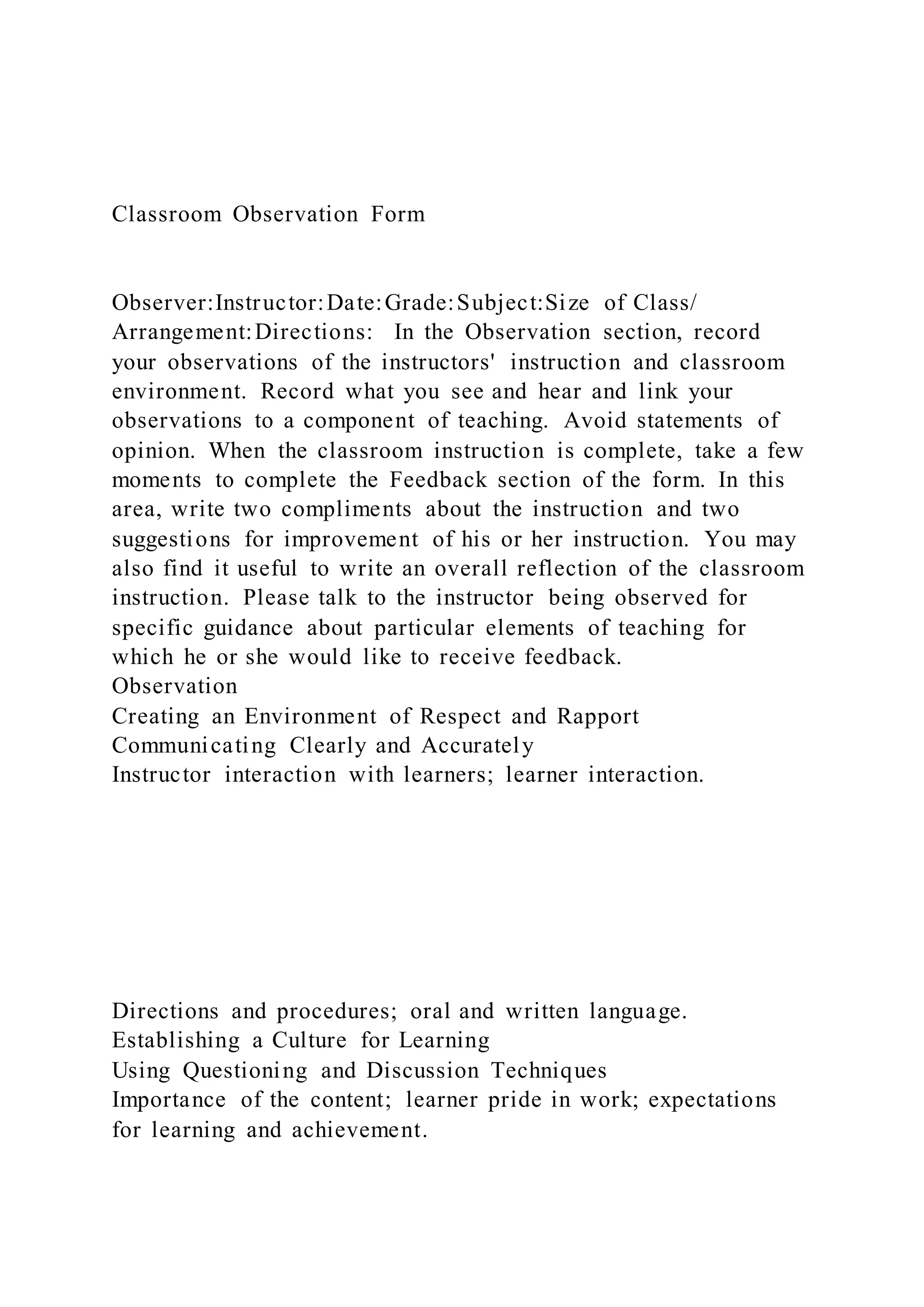 Classroom Observation FormObserverInstructorDateGradeS | DOCX