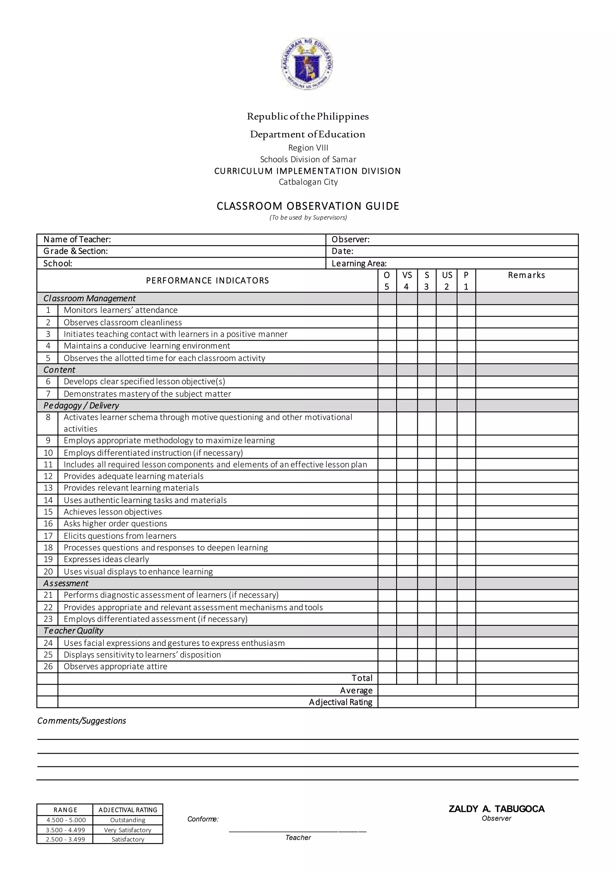 Classroom Observation Guide by Supervisors.docx