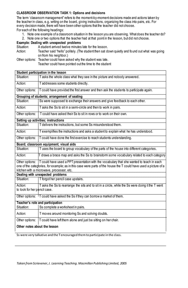 Classroom observation task 1 options and decisions | PDF