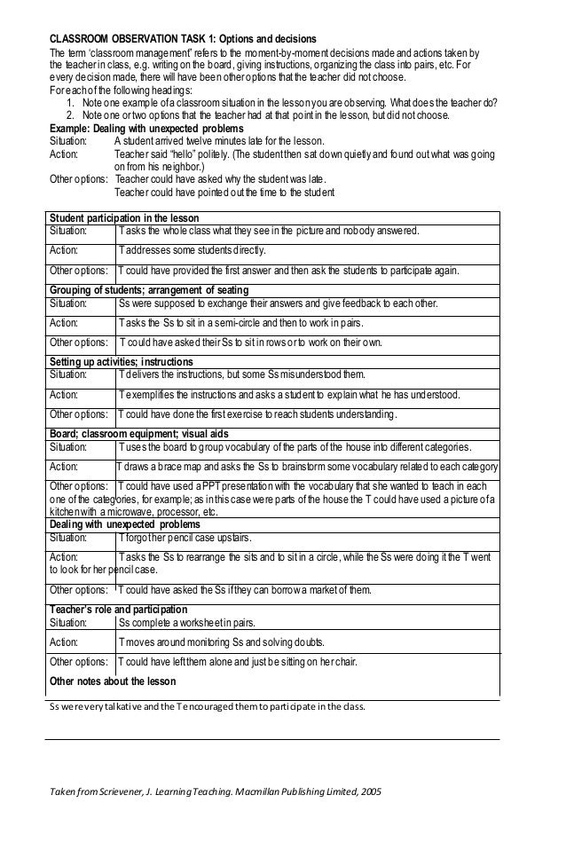 Classroom observation task 1 options and decisions