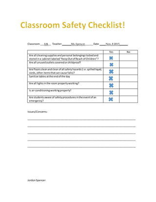 Classroom safety checklist jordon spencer | DOCX