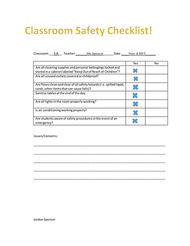 Classroom safety checklist jordon spencer | PDF
