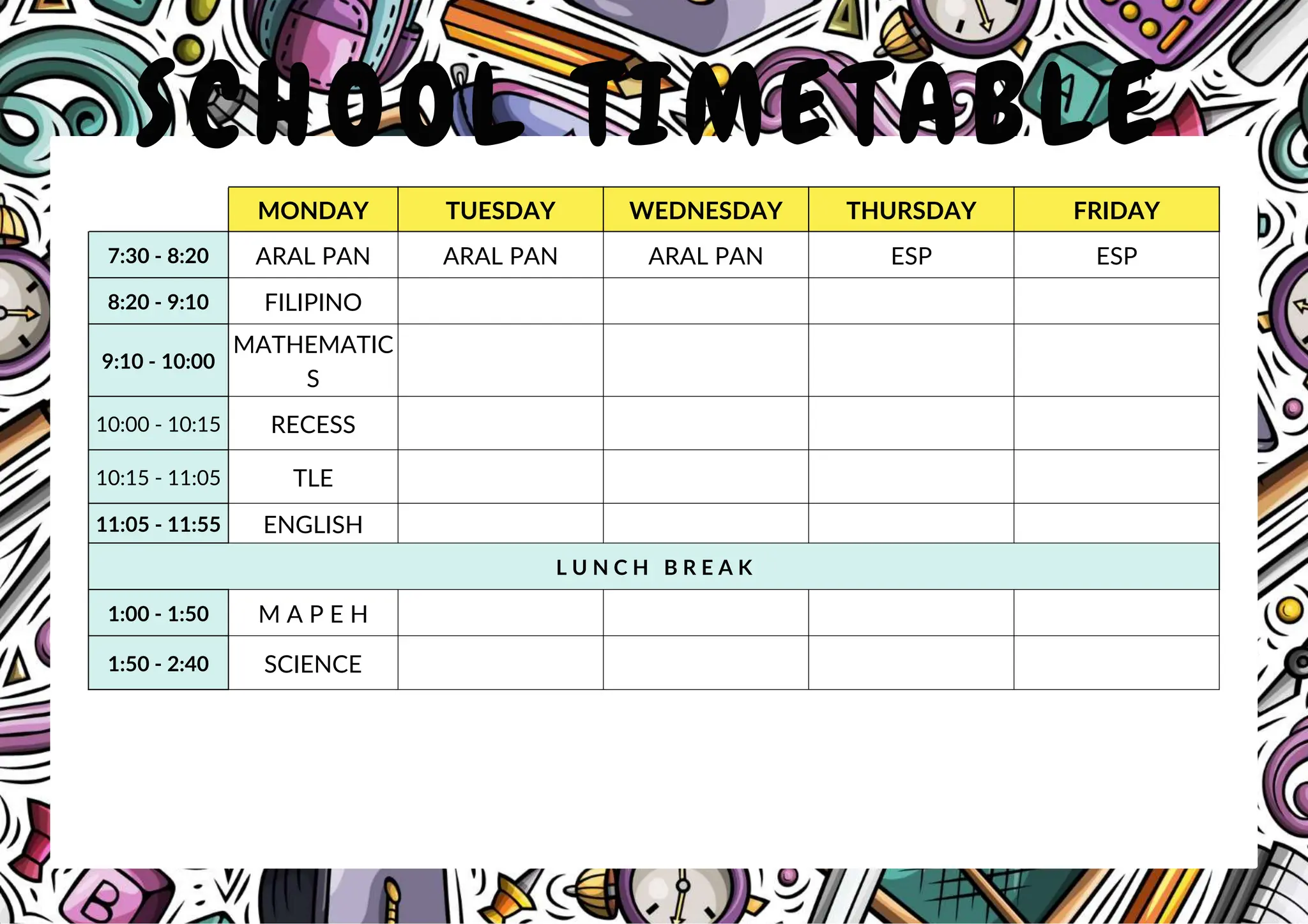 Sample whole day class schedule per week | PPT