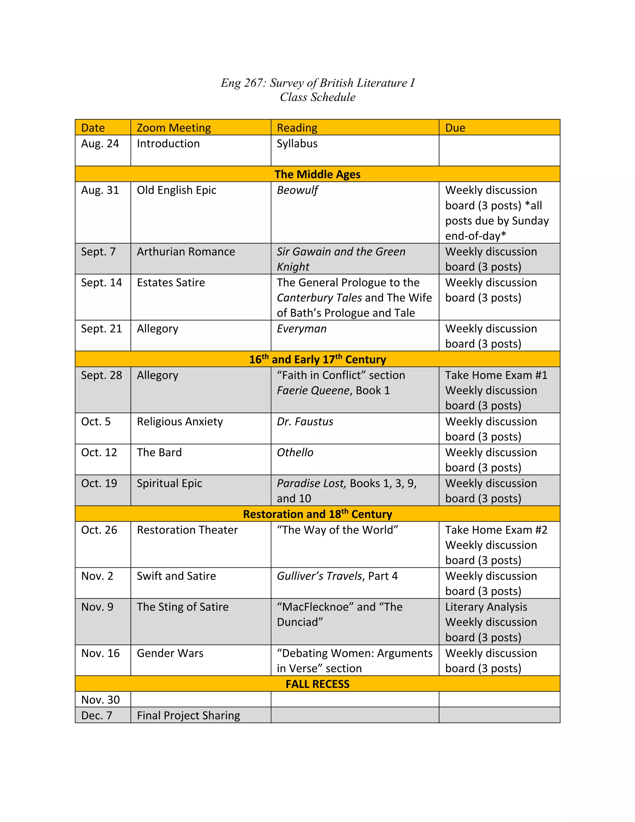 Eng 267 Class Schedule | PDF
