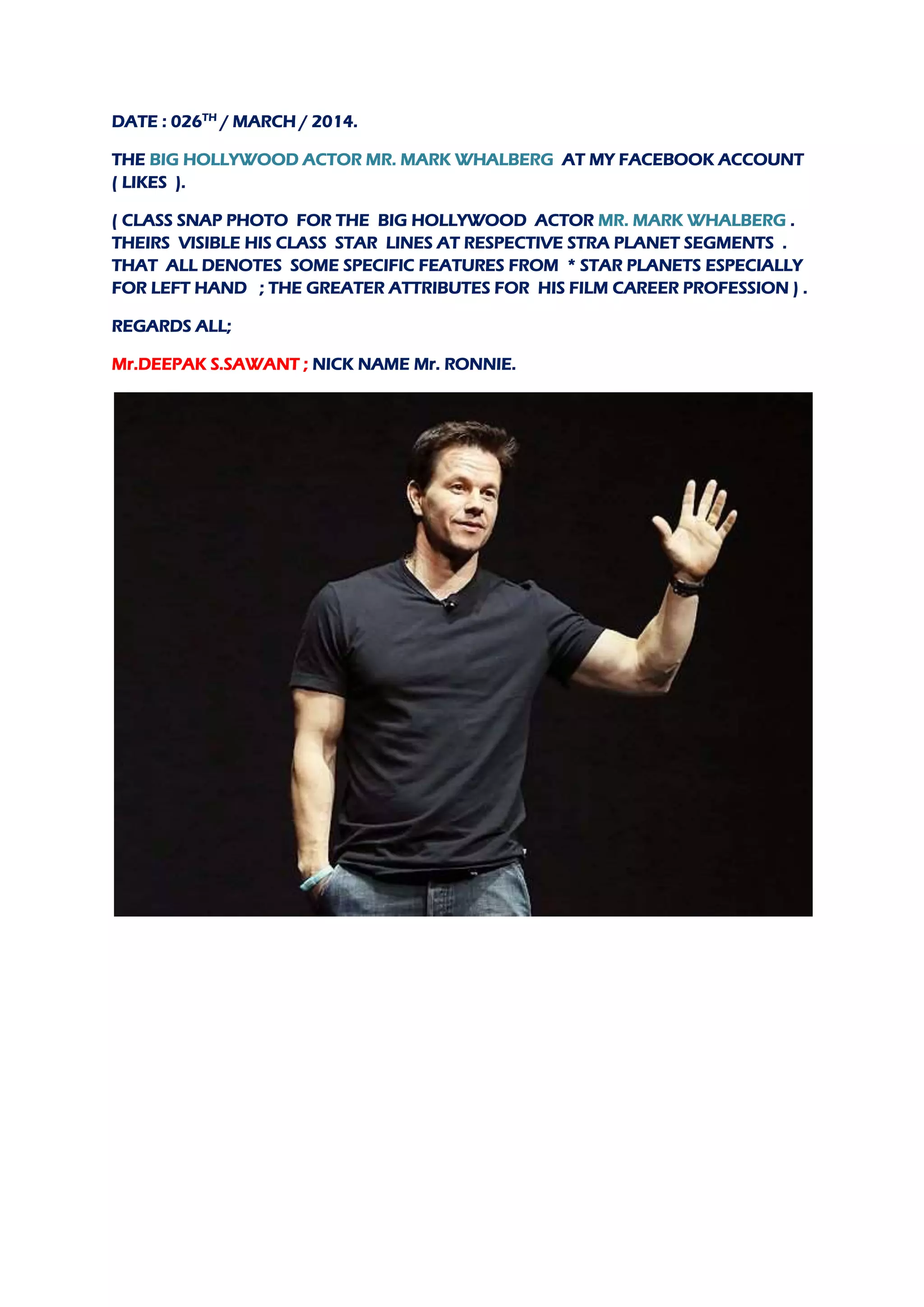 ~~ Class snap photo for the big hollywood actor mr. mark whalberg ...