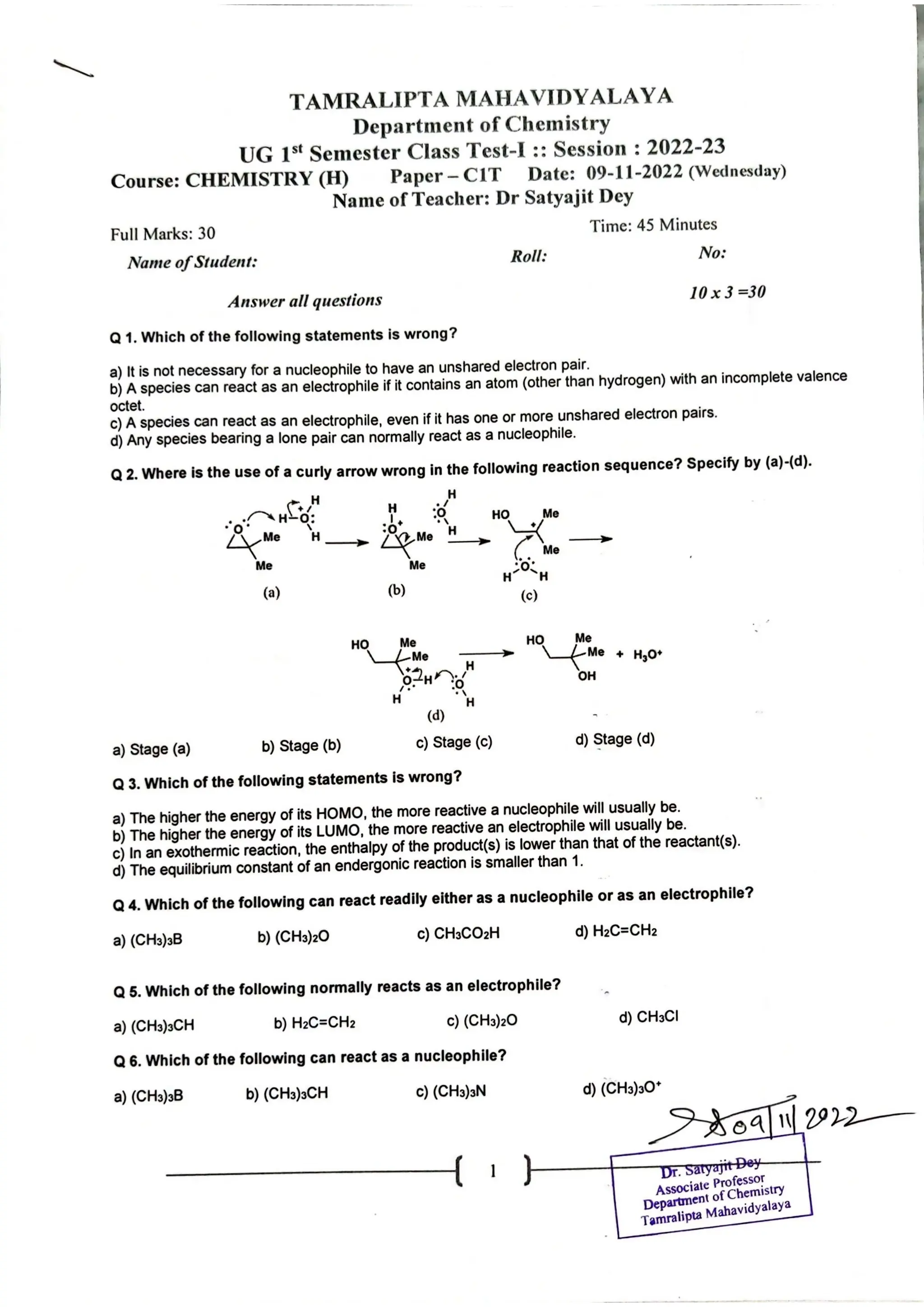 Class test question_Reaction Mechanism I & II_ SEM I and SEM II.pdf