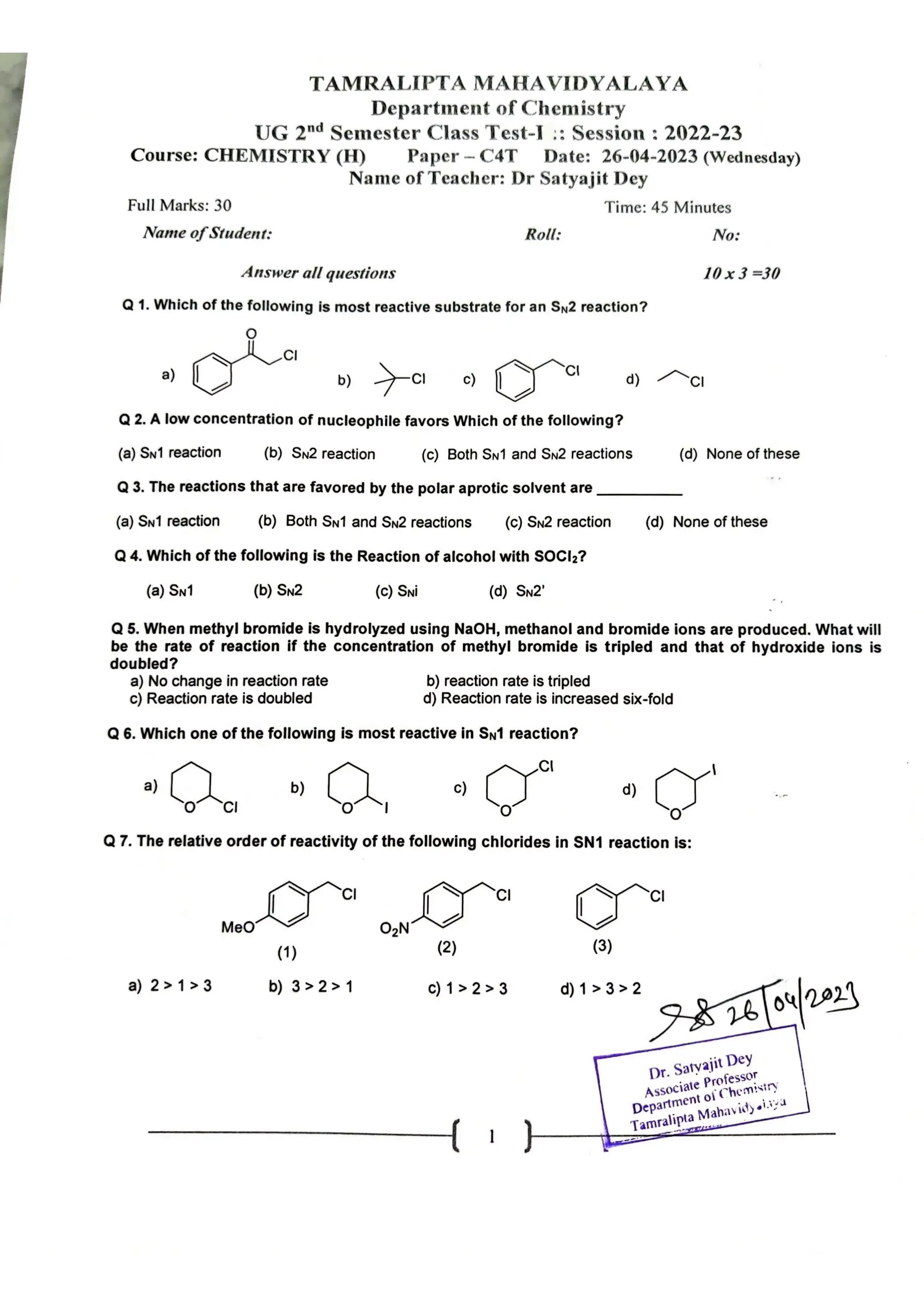 Class test question_Reaction Mechanism I & II_ SEM I and SEM II.pdf