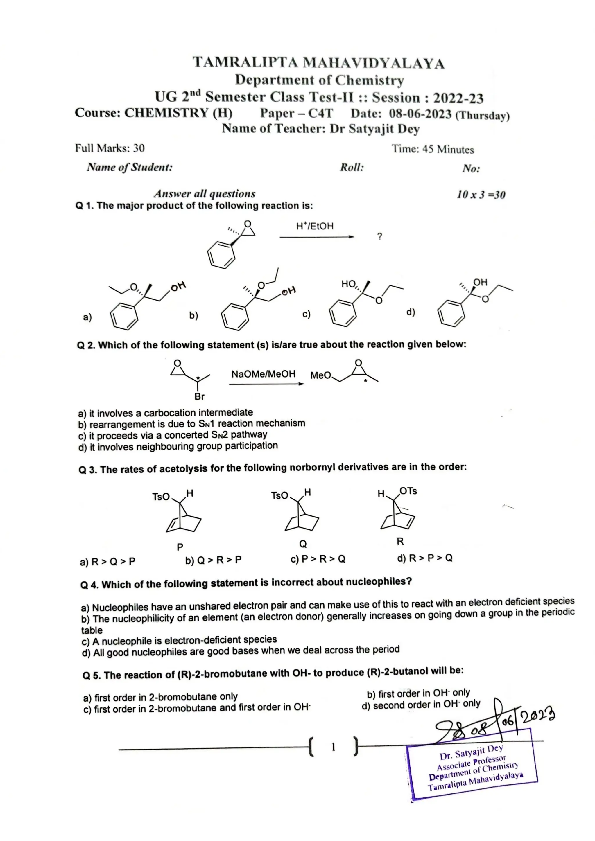 Class test question_Reaction Mechanism I & II_ SEM I and SEM II.pdf
