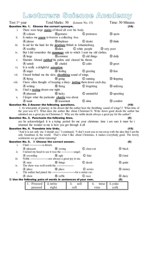Class tests first year english | DOCX