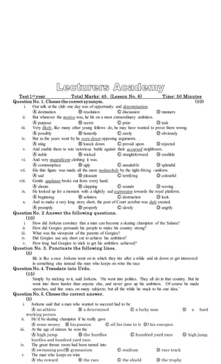 Class tests first year english | DOCX