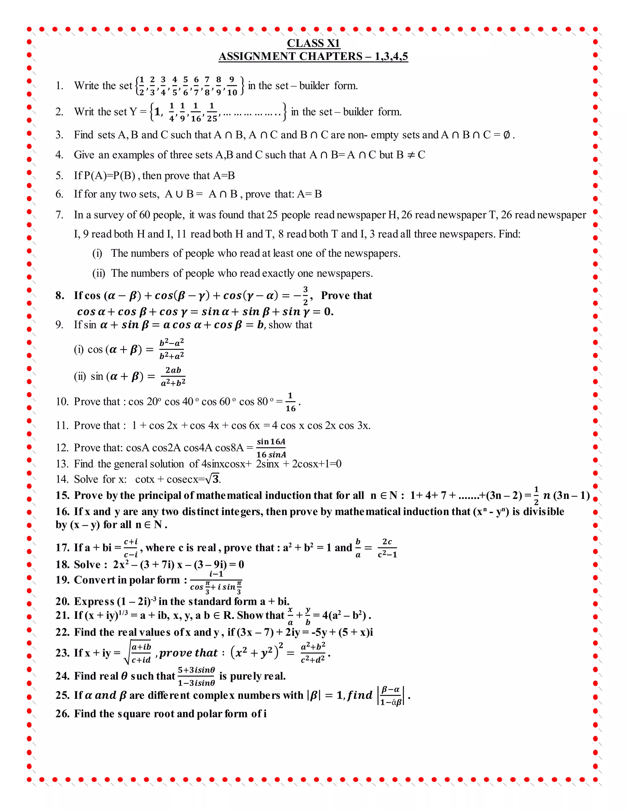 Class X1 assignment of chapters 1,3,4,5 | DOCX