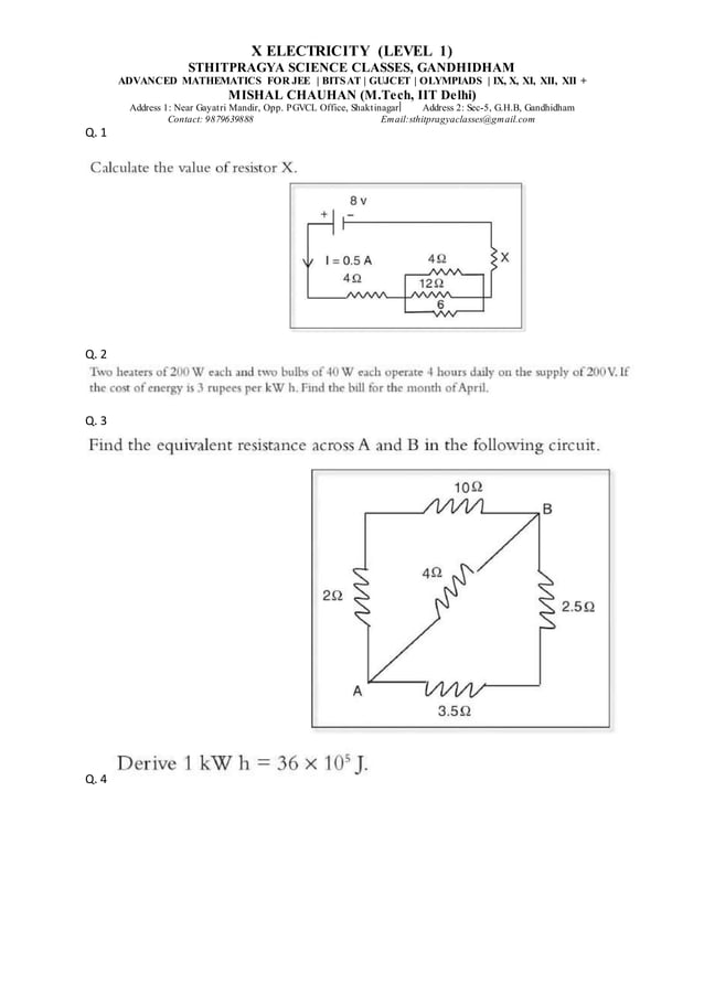CLASS X ELECTRICITY WORKSHEET 2 LEVEL 1 | PDF