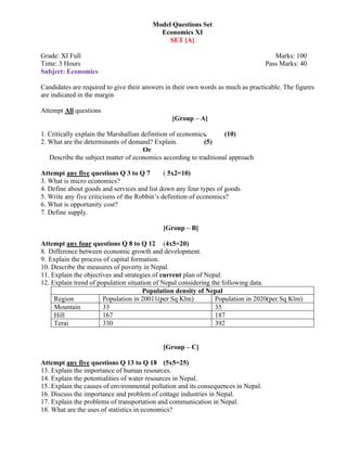 Model Questions Set - Economics XI (Three Set of Questions) | PDF