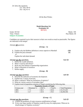 Model Questions Set - Economics XI (Three Set of Questions) | PDF