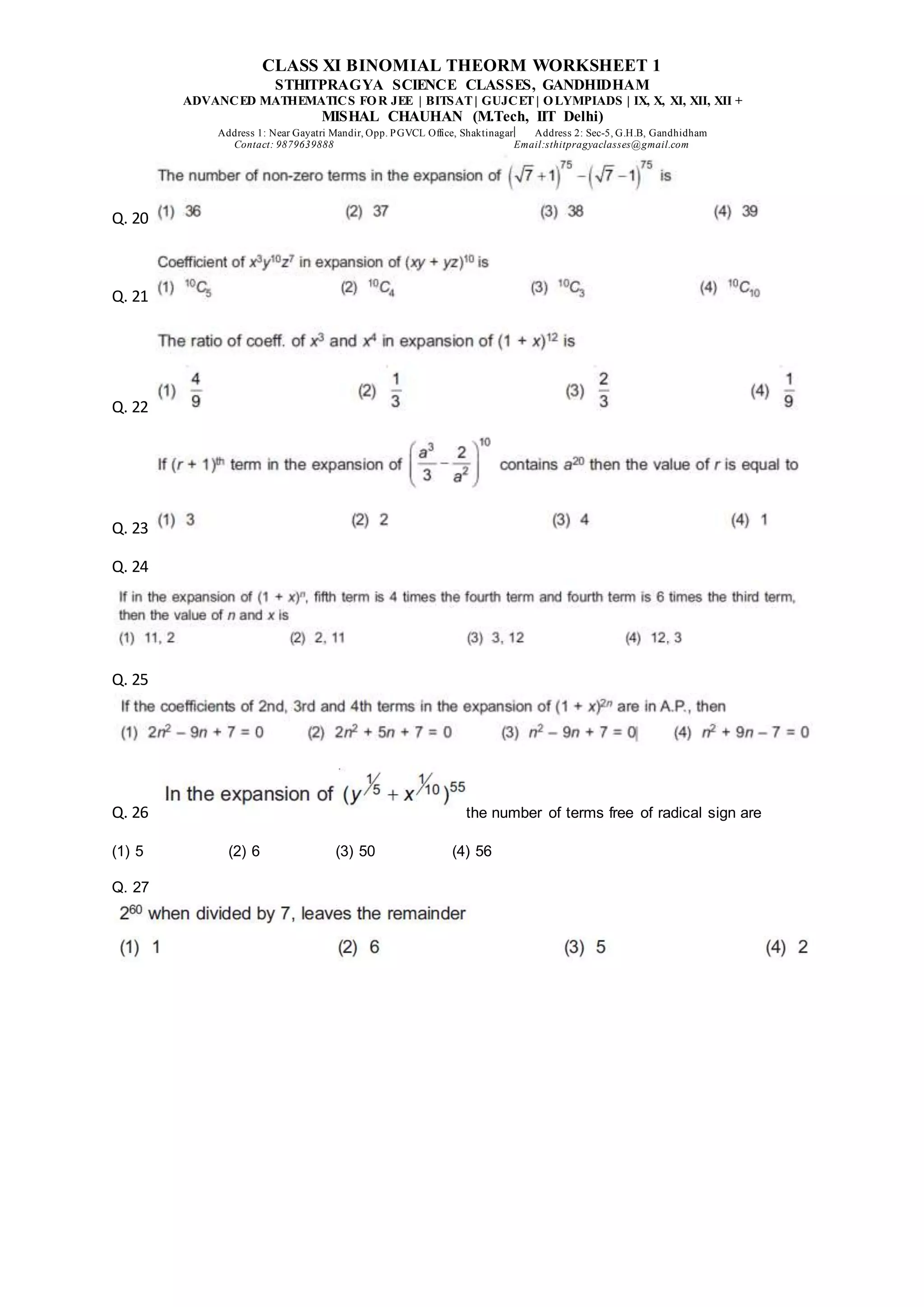 Class xi binomial theorem worksheet | DOCX