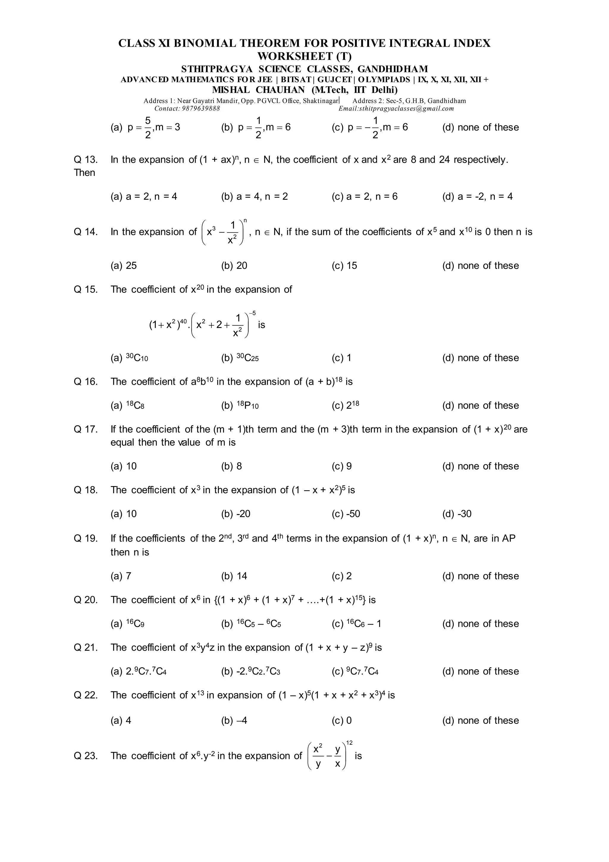 Class xi binomial theorem worksheet (t) | DOCX